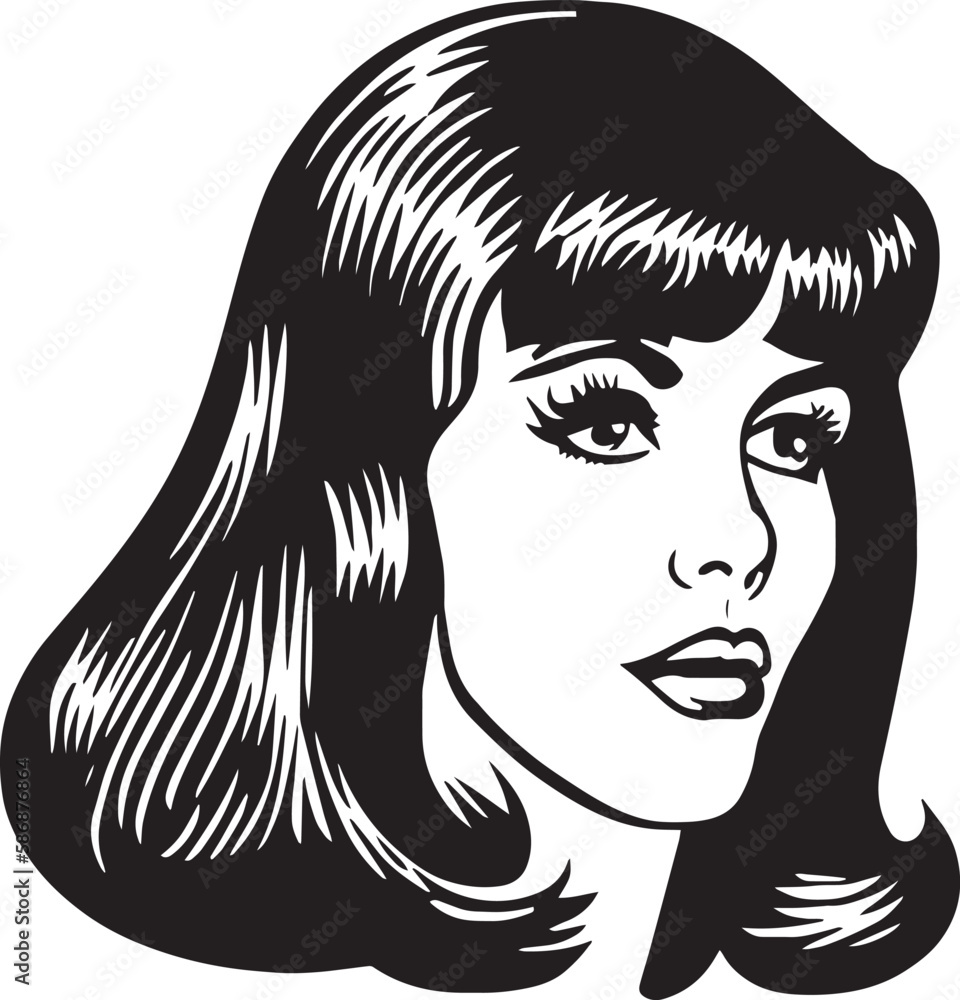 Vintage woman 60s style young woman. Retro comics woman head black and ...