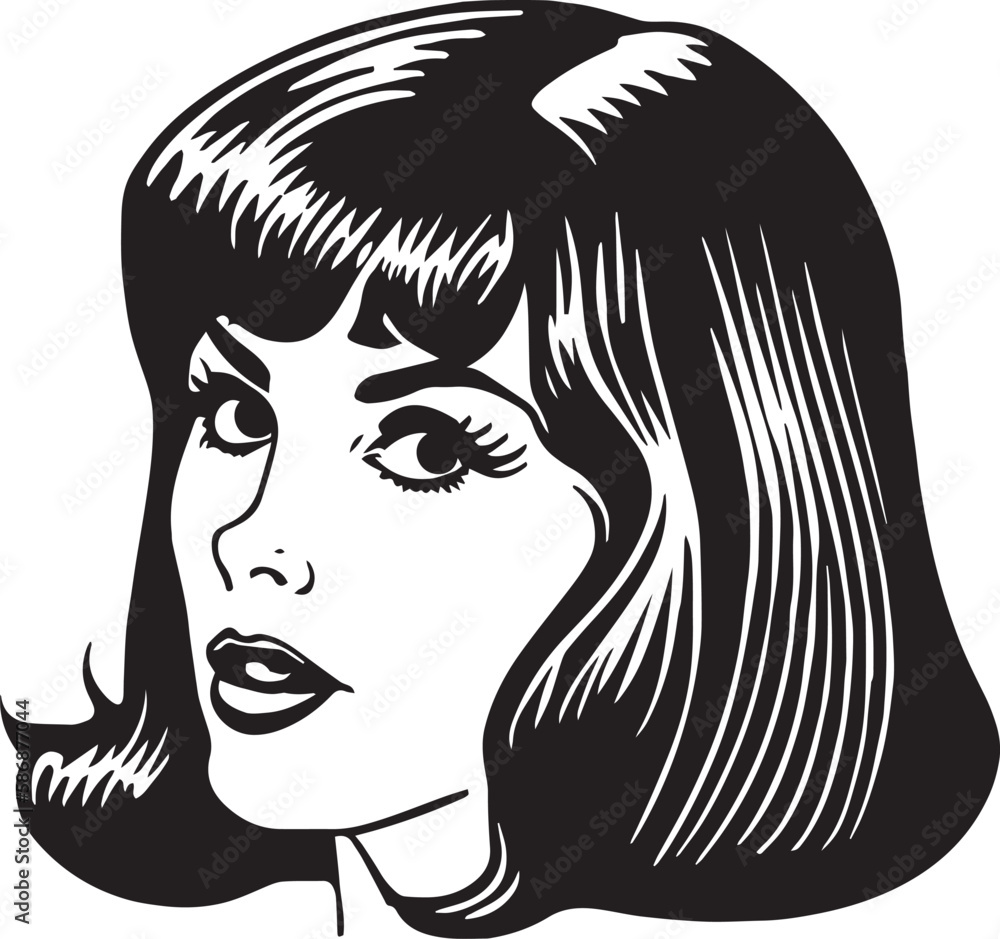 Vintage woman 60s style young woman. Retro comics woman head black and ...