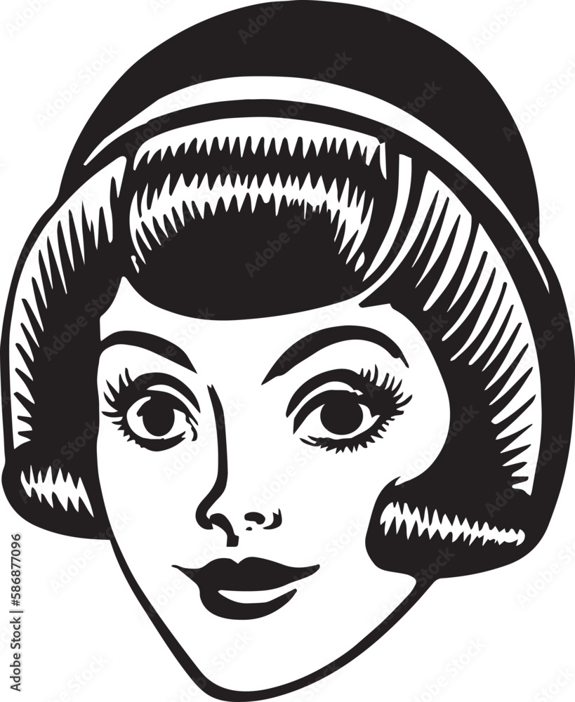 Vintage woman 60s style young woman. Retro comics woman head black and ...