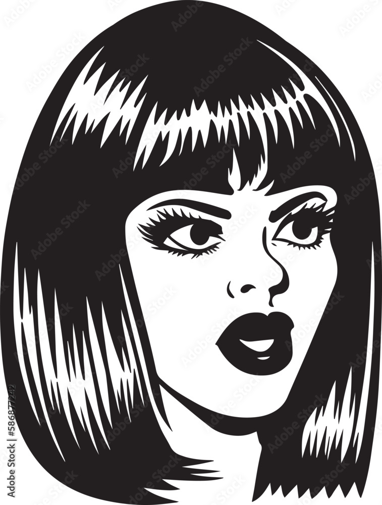 Vintage woman 60s style young woman. Retro comics woman head black and ...
