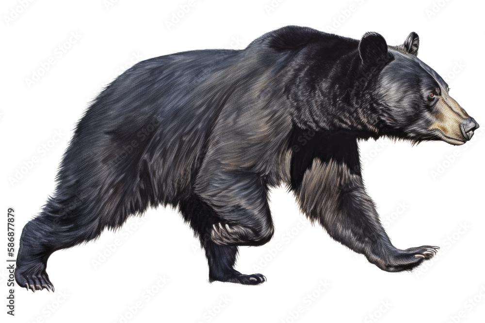an isolated black bear running and walking, side-view portrait, North ...