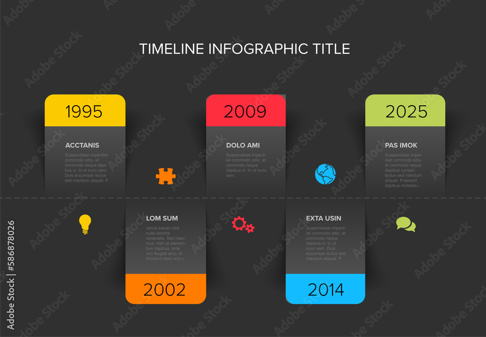 Simple minimalistic horizontal timeline template with dates on dark ...