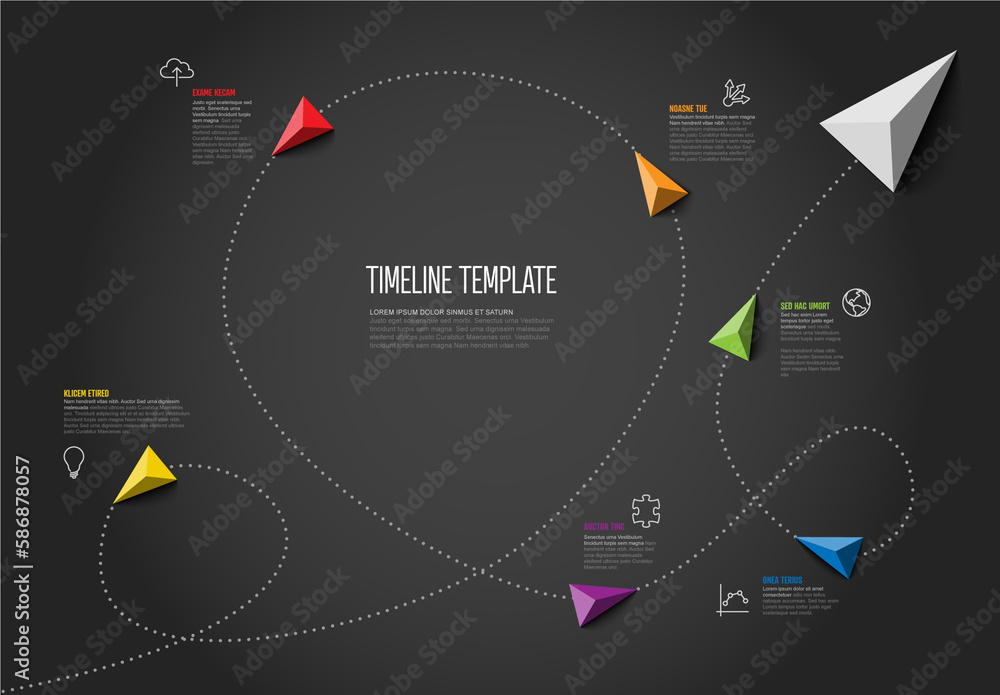 Infographic dotted curved timeline template with triangle arrows on ...