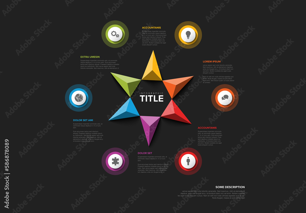 Six elements infographic with icons circles and triangle arrows on ...