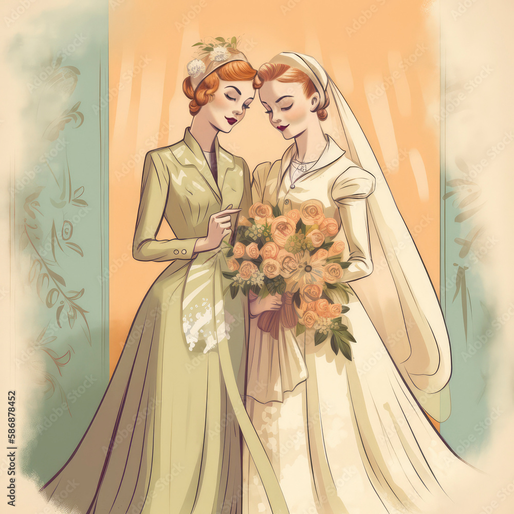 Lesbian couple wedding in a retro 1950s illustration style. Two pretty ...