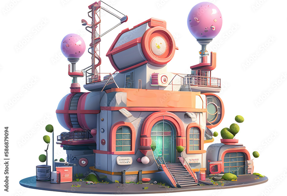 3d illustration cartoon future space station building idea concept ...