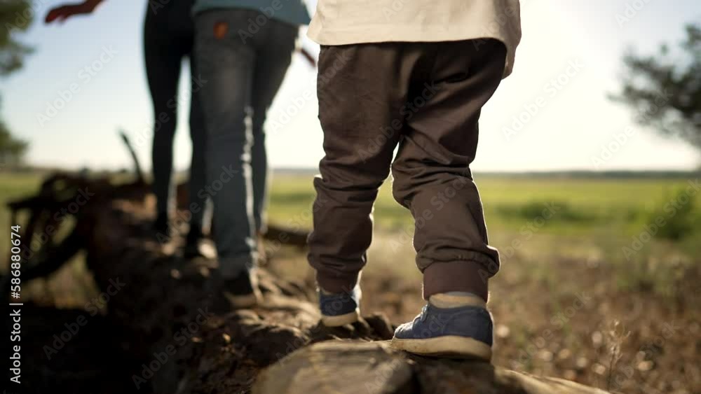 A group of children walks on a log in the park. Family on a log ...