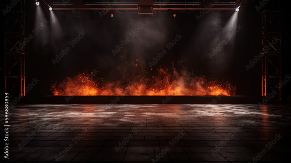 fire stage with spotlights shine on floor in dark room, idea for ...