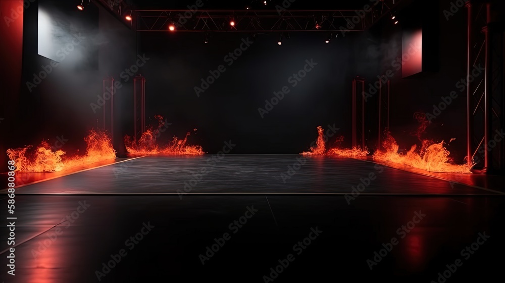 fire stage with spotlights shine on floor in dark room, idea for ...