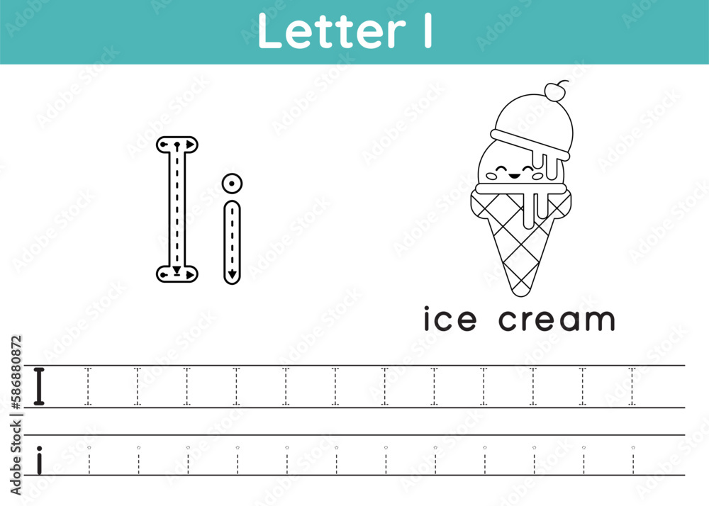 Alphabet ABC, a-z exercise. Coloring page. Trace letter I. Vocabulary ...