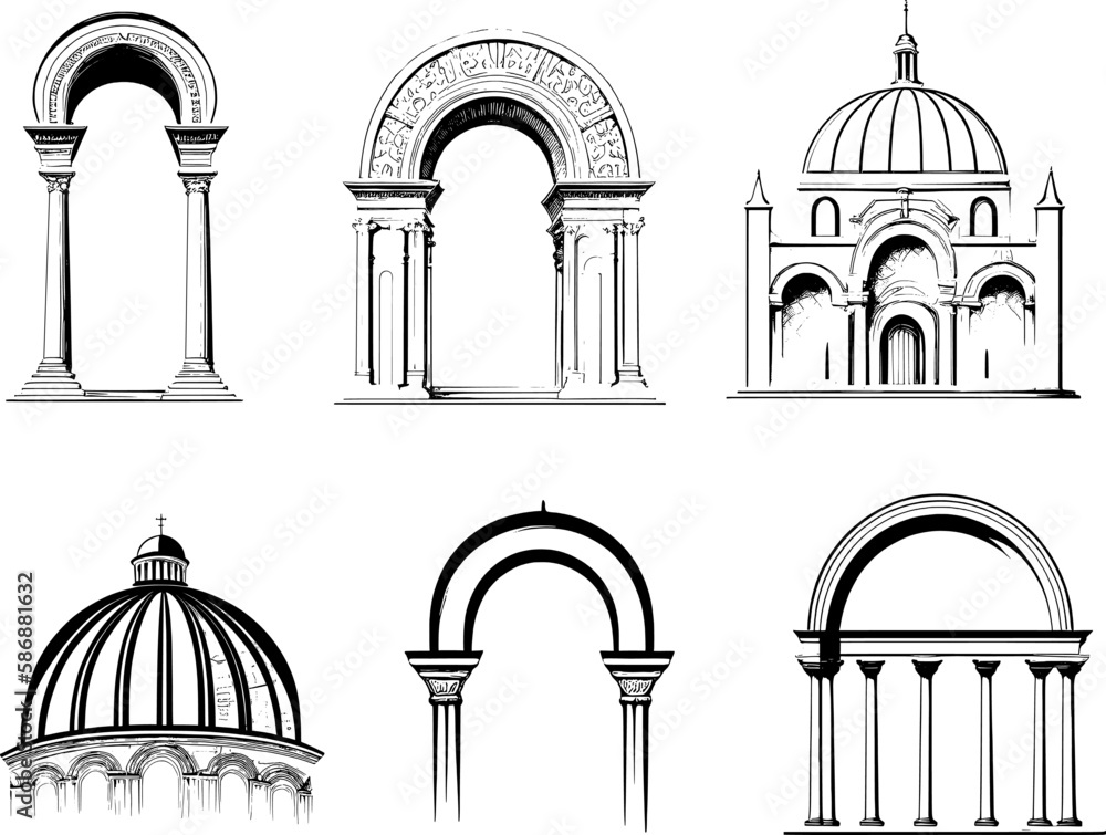 Set of vector illustrations of antique arches.Basic elements of Greek ...