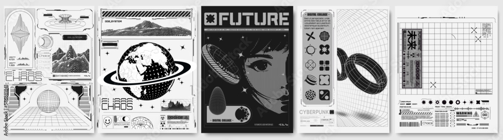 Collection of modern abstract posters. In acid style. Retro futuristic ...