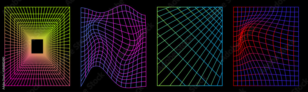 Set of distorted neon grid pattern. 3D abstract posters, patterns ...