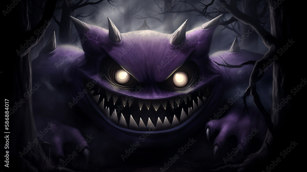 A creepy purple monster with glowing eyes, sharp pointy teeth, and an ...