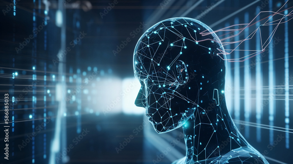 AI artificial intelligence robot android white seated at a desk in a ...