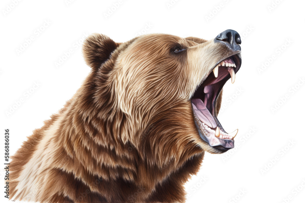 an isolated grizzly bear roaring and growling portrait, North American ...