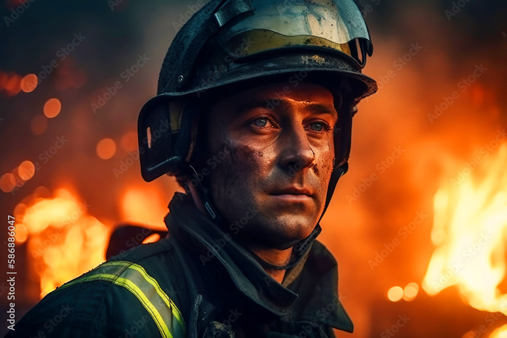 Portrait of a firefighter who saves the forest from an uncontrolled ...