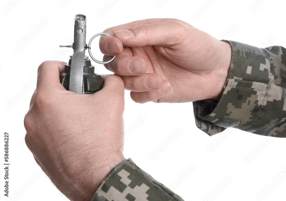 Soldier pulling safety pin out of hand grenade on white background ...