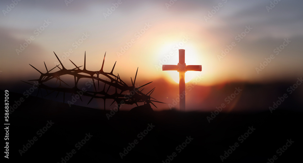 The sunset sky, the cross symbolizing the suffering and resurrection of ...