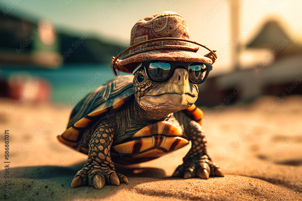 A content-looking turtle wearing a summer hat and sunglasses, walking ...