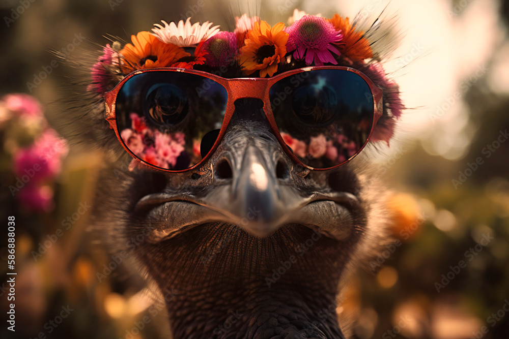A goofy-looking ostrich wearing a flower crown and sunglasses, striking ...