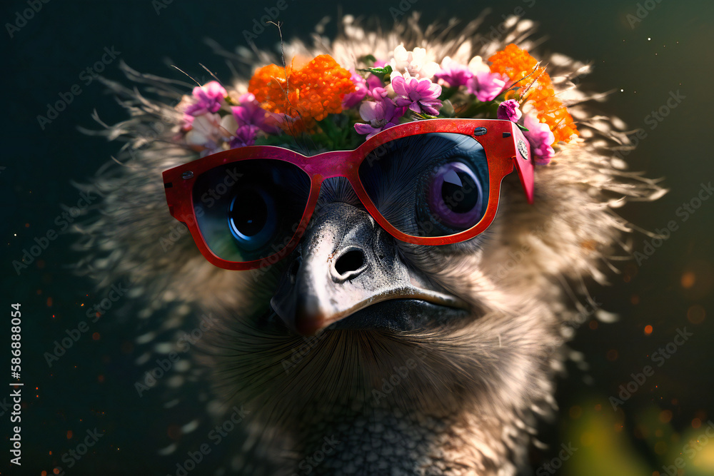 A goofy-looking ostrich wearing a flower crown and sunglasses, striking ...