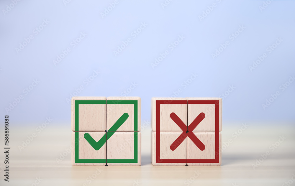 Wooden blocks show the right check marks and are wrong. Stock Photo ...