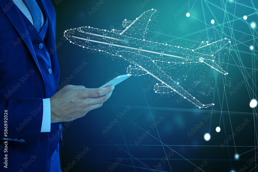 International travel and online booking concept with laptop on digital ...