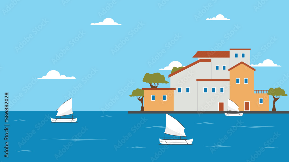 Mediterranean House with Sea View - Vector Illustration of Traditional ...