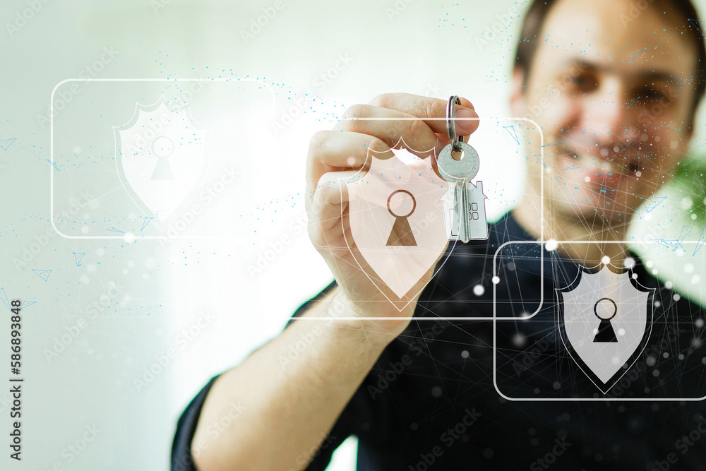 Businessman using shield protect icon, virtual screen interface, data ...