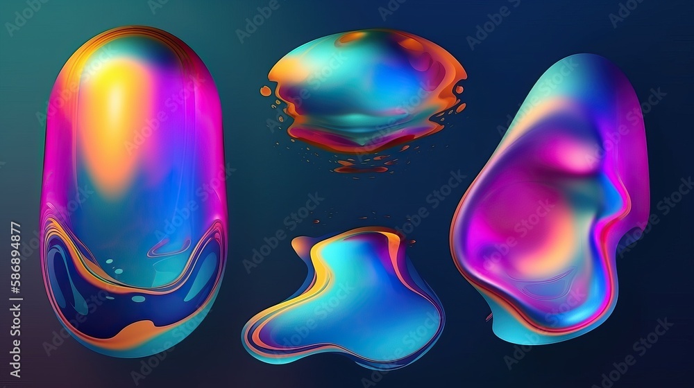 Abstract liquid 3d shapes,floating paint drops with gradient on black ...