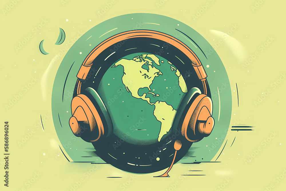 World Music Day A drawing of headphones and a globe with the planet ...