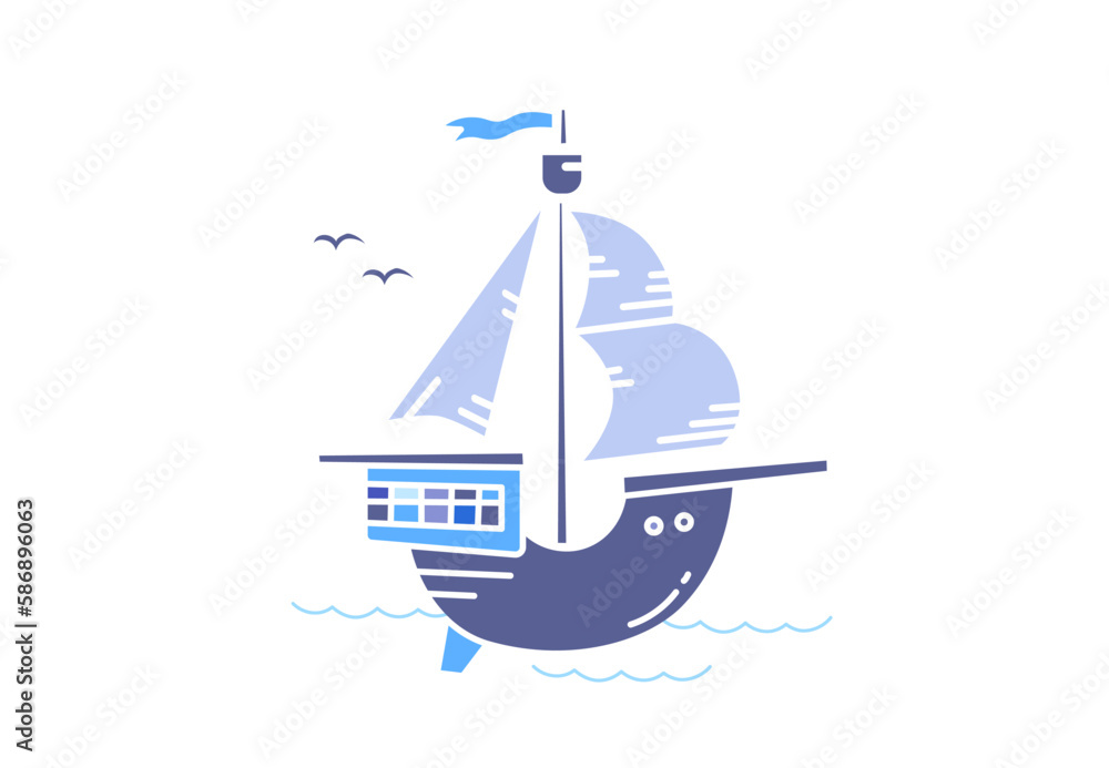 Vector illustration of old blue ship with sail on white color ...