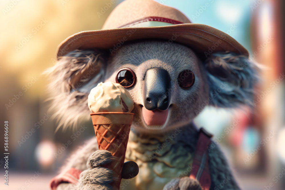 A silly-looking koala wearing a sun hat and sunglasses, holding an ice ...