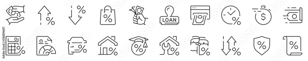 Line icons about loan and credit rating. Thin line icon set. Symbol ...