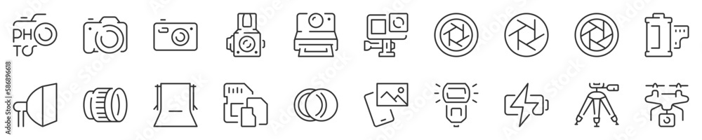 Line icons about photography. Symbol collection in transparent ...