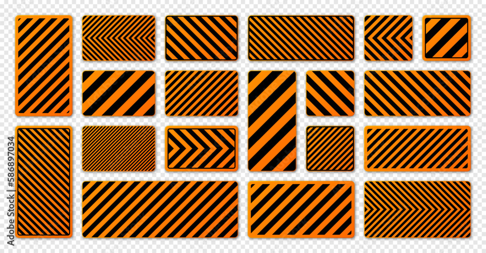 Various black and orange warning signs with diagonal lines. Attention ...