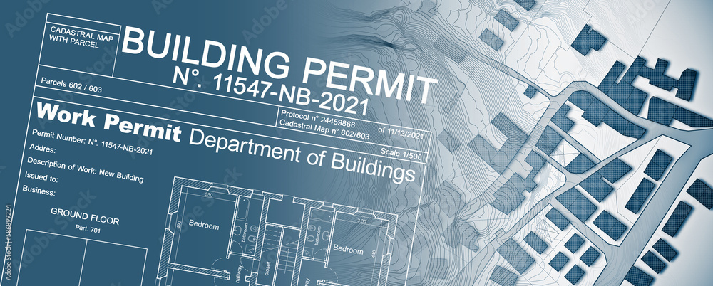 Buildings Permit concept with imaginary cadastral map - building ...