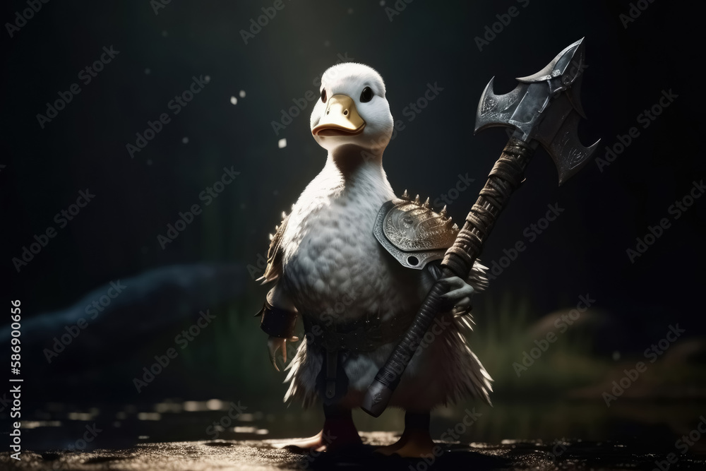 A white duck as a barbarian with a big axe and shining armour created ...