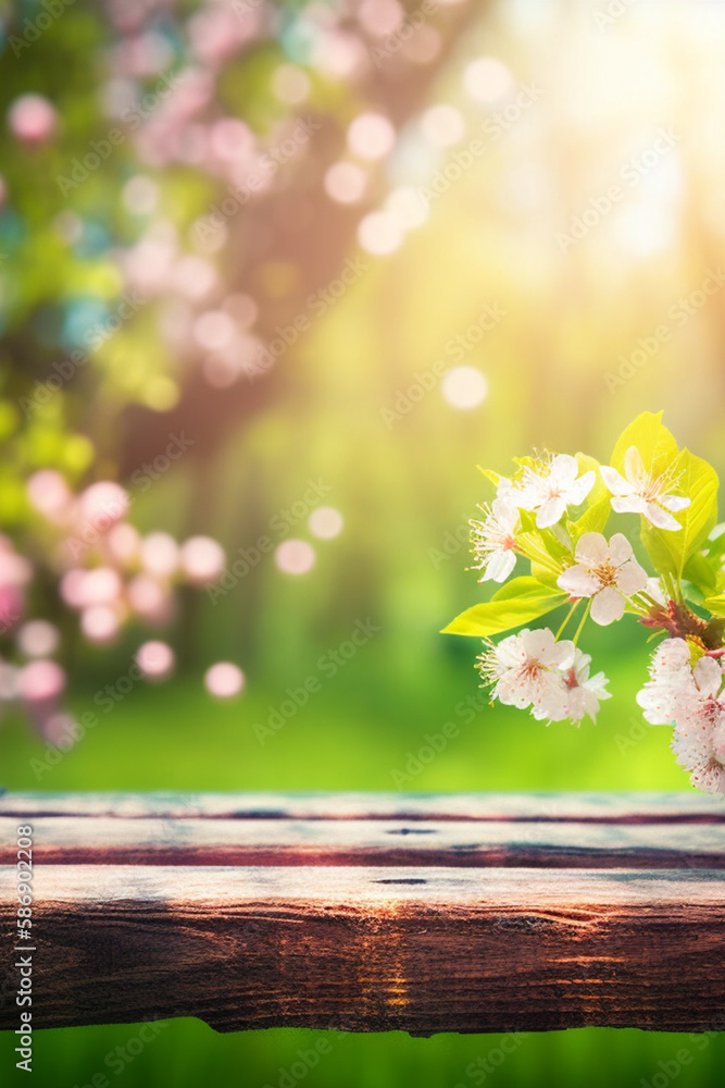 Spring background with empty wooden table. Natural template for product ...