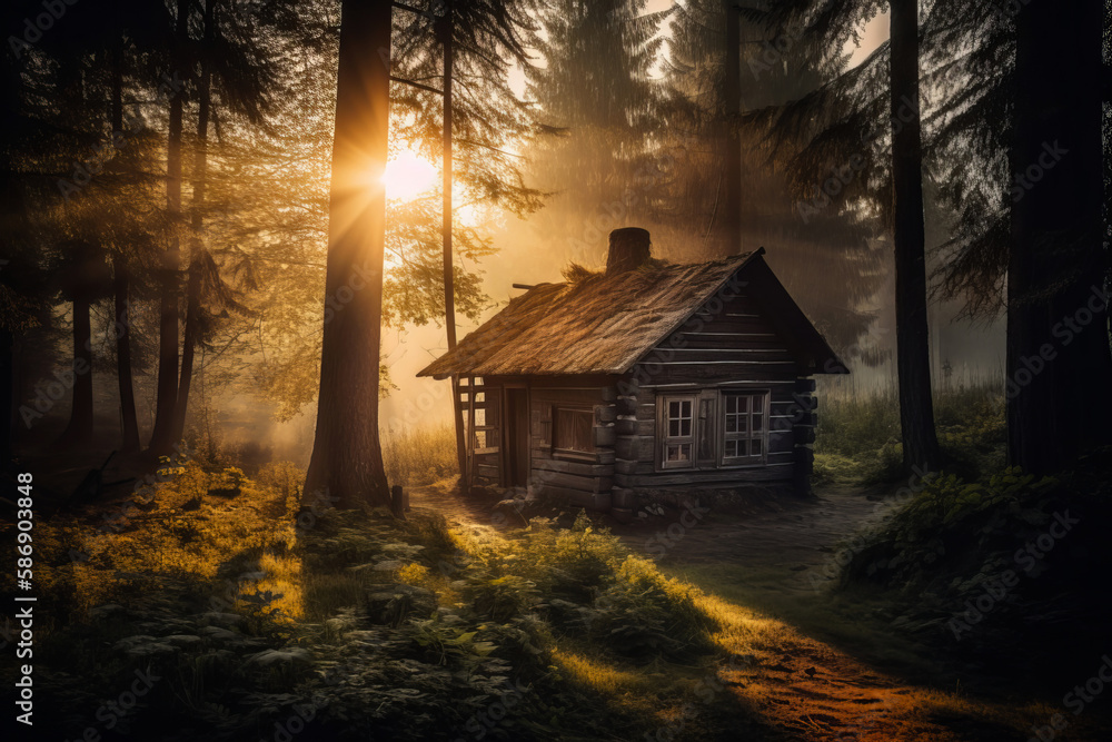 Old wooden shack, hut, shed, house sitting alone in a dreamy woodland ...