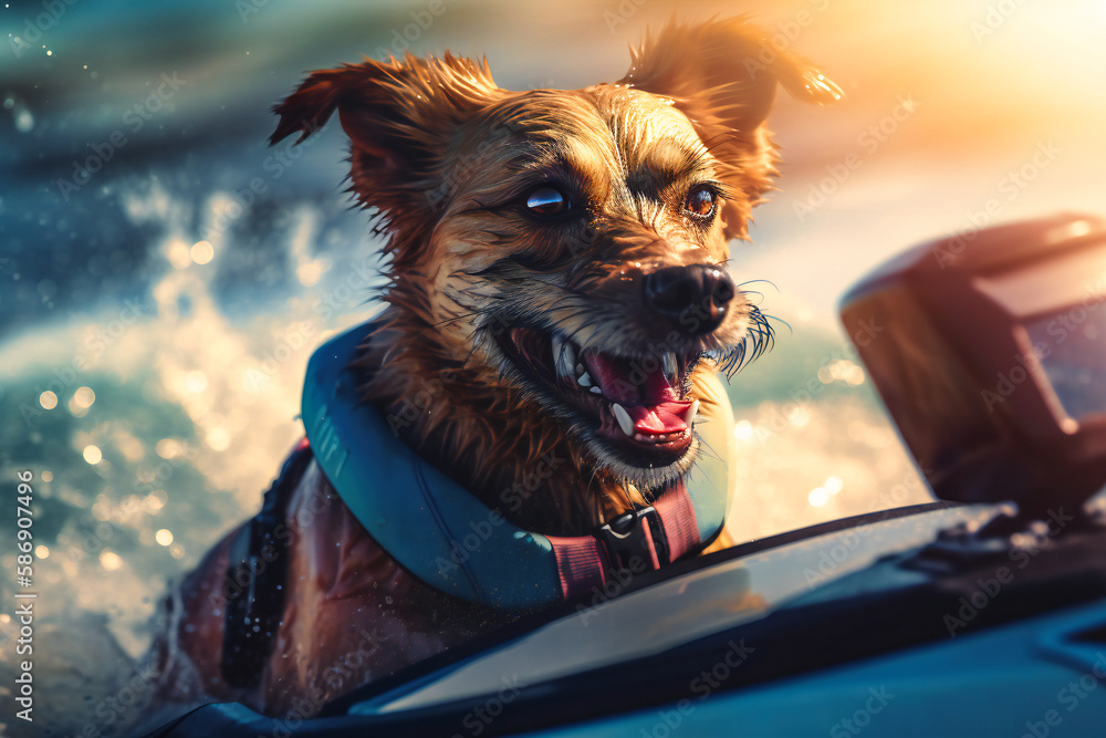 An excited dog wearing a lifejacket and sunglasses, riding a jet ski ...