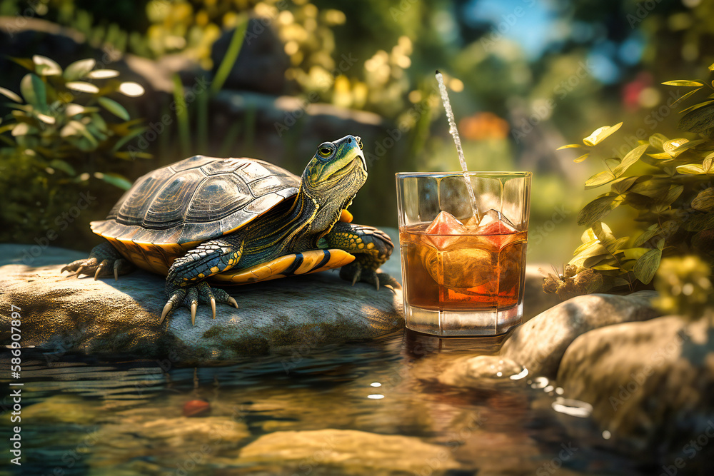 A relaxed turtle wearing a straw hat and sunglasses, sunbathing on a ...