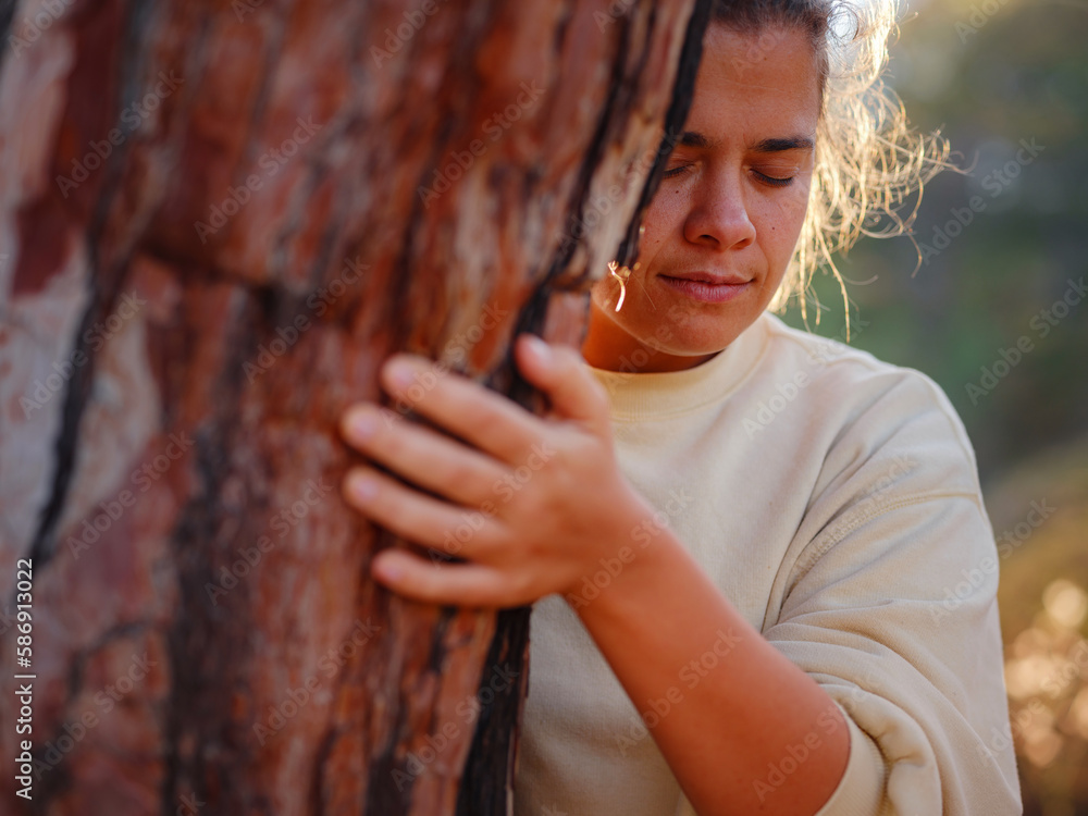 woman love nature hugging pine tree, no deforestation concept and earth ...