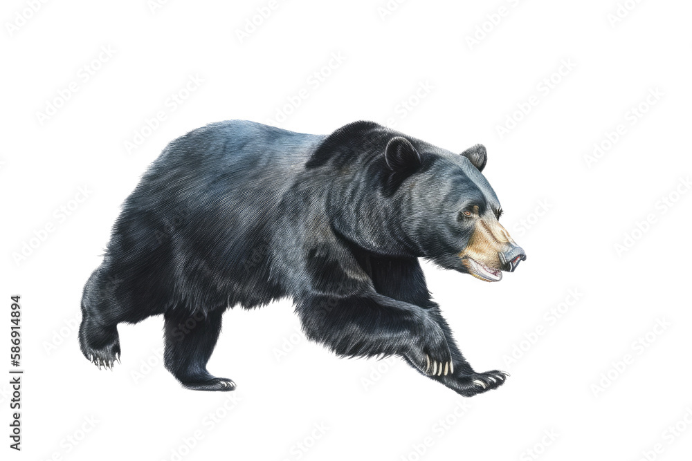 an isolated black bear running and walking, side-view portrait, North ...