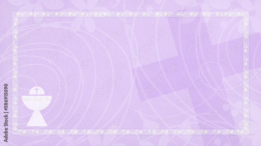 First communion lilac background with floral frame and chalice Stock ...