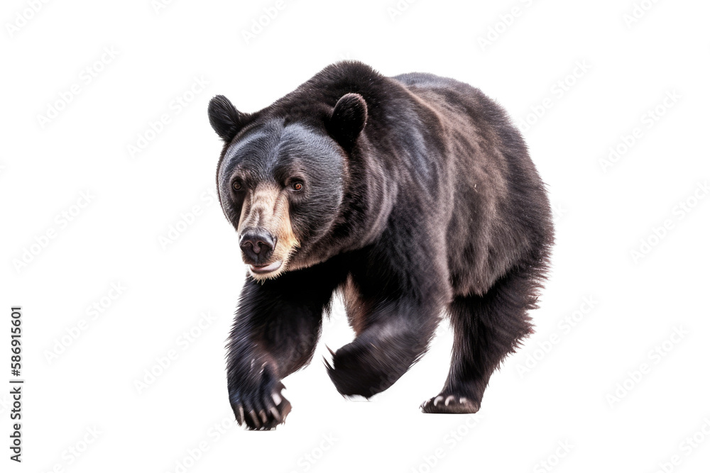 an isolated black bear running and walking, side-view portrait, North ...