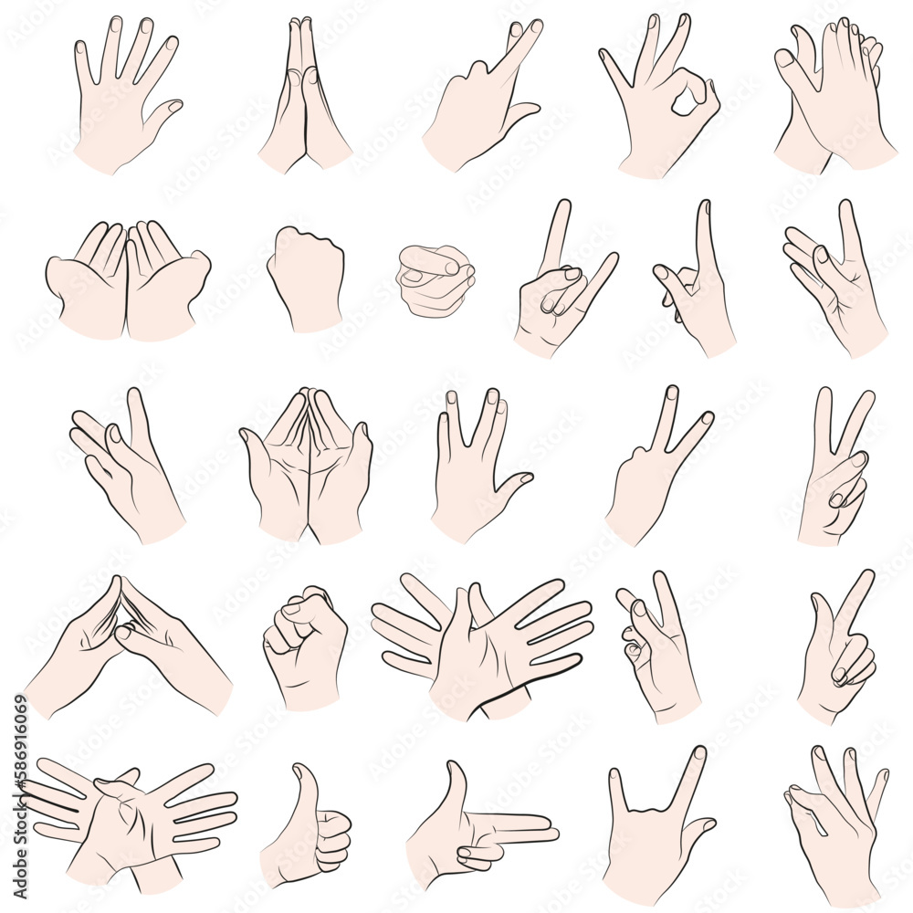 Vector illustration of various hand gestures, movements, isolated on a ...