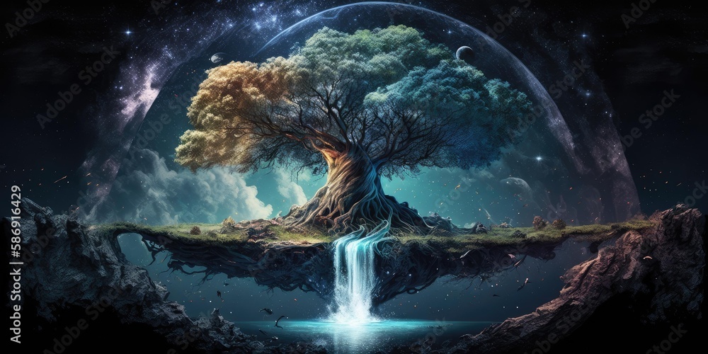 Fantasy fairytale sphere island floating in universe of night sky ...