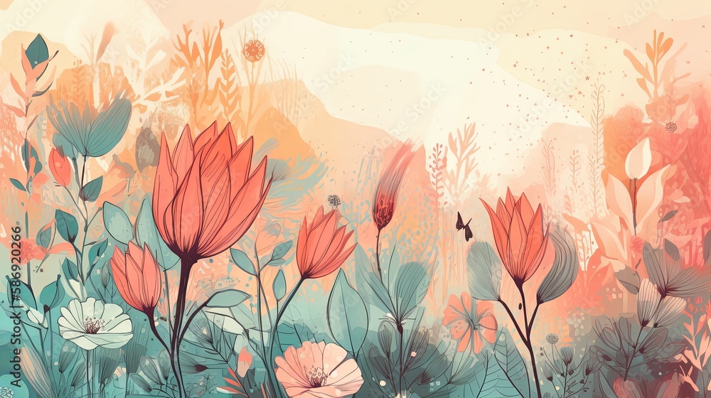 Floral garden: Soft pastel colors. Texture that resembles a watercolor ...